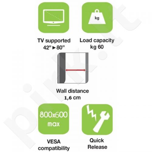Sieninis laikiklis Techly TV LCD/LED/PDP 42-80'' 60 kg VESA Juodas ...